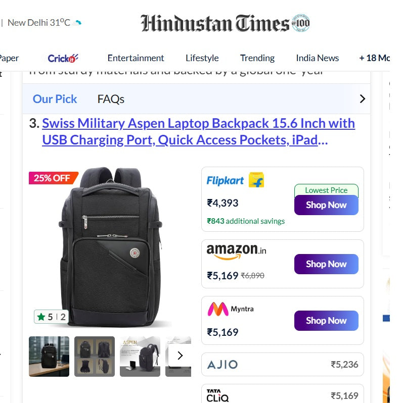 Swiss Military Slim 16L Laptop & Tablet Backpack for Work and Travel